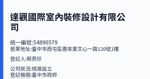達觀國際室內裝修設計有限公司的照片-統編 54890579(臺中市) 公司登記資料與營業項目詳細圖表