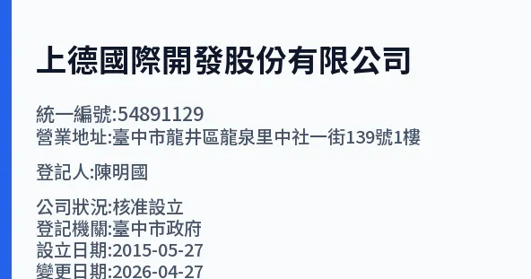 上德國際開發股份有限公司的照片-統編 54891129(臺中市) 公司登記資料與營業項目詳細圖表