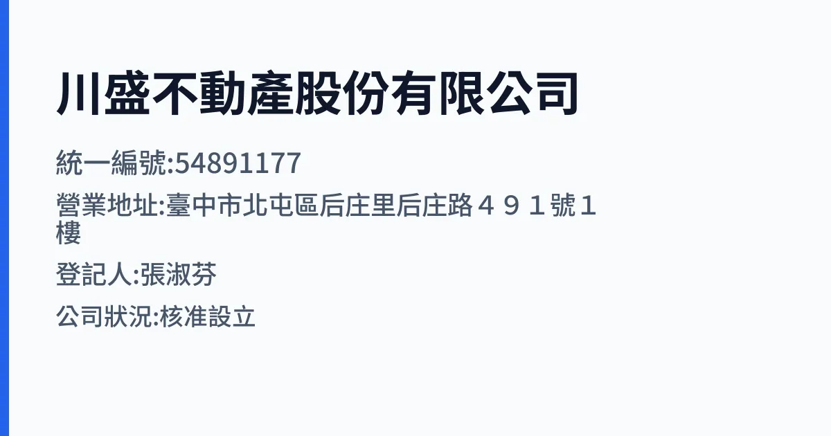 川盛不動產股份有限公司 - 統編 54891177(臺中市) 公司登記資料與營業項目詳細圖表