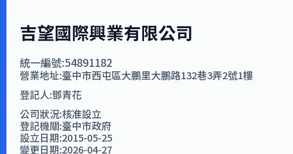 吉望國際興業有限公司的照片-統編 54891182(臺中市) 公司登記資料與營業項目詳細圖表