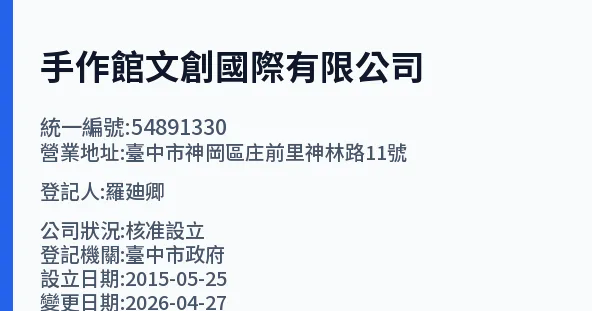手作館文創國際有限公司的照片-統編 54891330(臺中市) 公司登記資料與營業項目詳細圖表