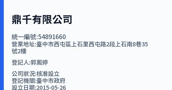 鼎千有限公司的照片-統編 54891660(臺中市) 公司登記資料與營業項目詳細圖表