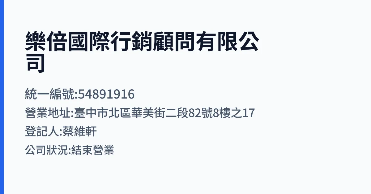 樂倍國際行銷顧問有限公司 - 統編 54891916(臺中市) 公司登記資料與營業項目詳細圖表