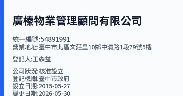 廣榛物業管理顧問有限公司的照片-統編 54891991(臺中市) 公司登記資料與營業項目詳細圖表