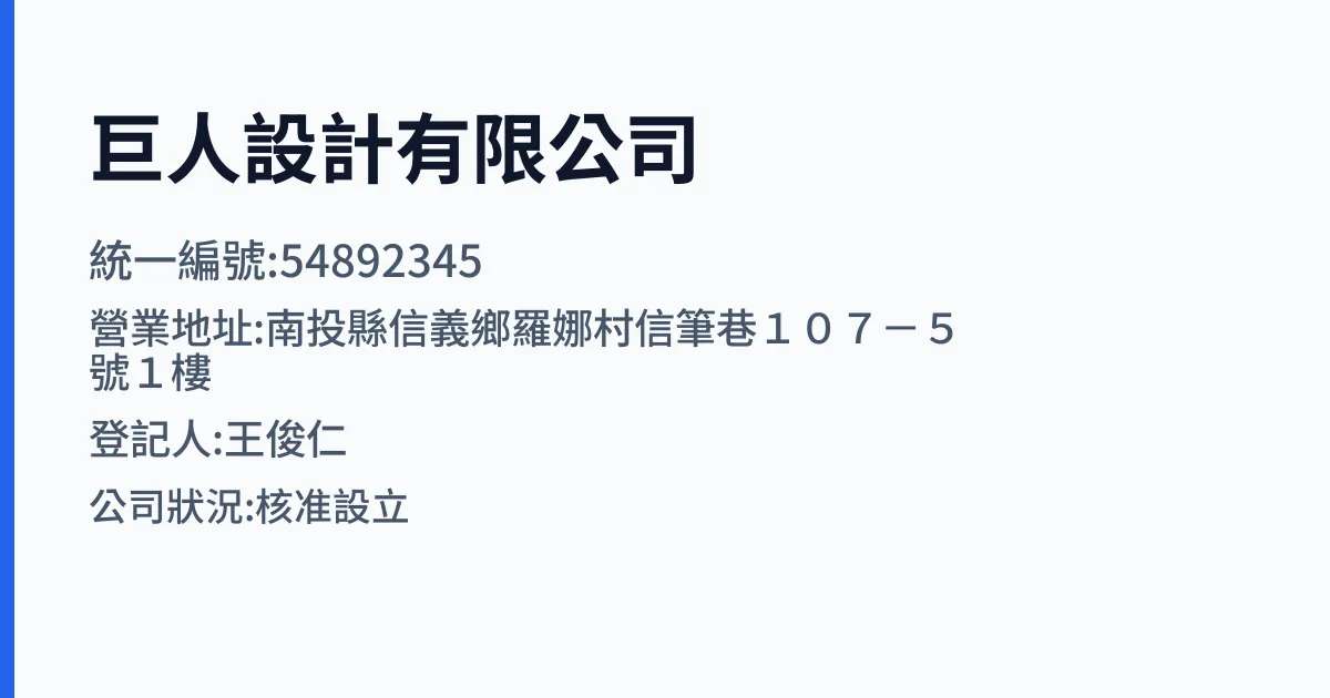 巨人設計有限公司 - 統編 54892345(南投縣) 公司登記資料與營業項目詳細圖表