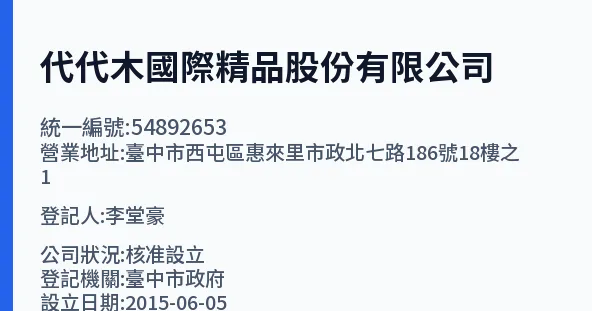 代代木國際精品股份有限公司的照片-統編 54892653(臺中市) 公司登記資料與營業項目詳細圖表