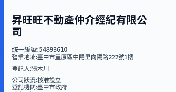 昇旺旺不動產仲介經紀有限公司的照片-統編 54893610(臺中市) 公司登記資料與營業項目詳細圖表