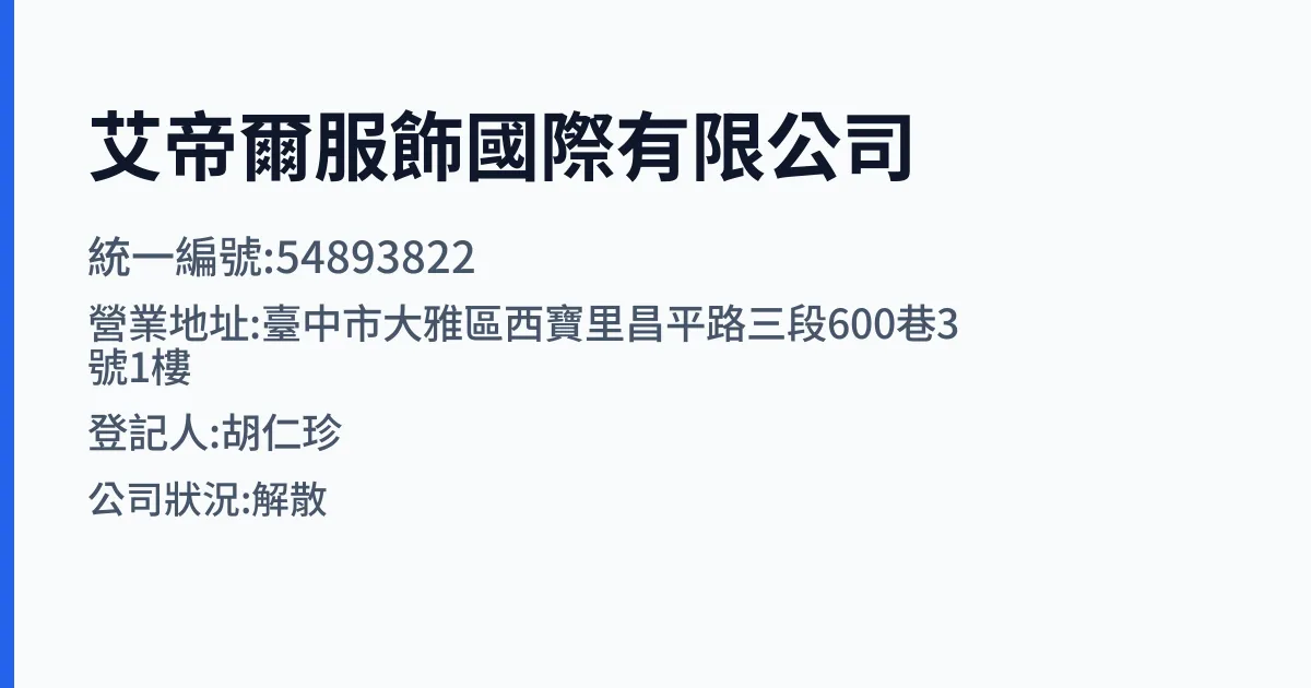 艾帝爾服飾國際有限公司 - 統編 54893822(臺中市) 公司登記資料與營業項目詳細圖表