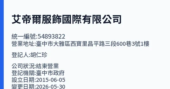 艾帝爾服飾國際有限公司的照片-統編 54893822(臺中市) 公司登記資料與營業項目詳細圖表