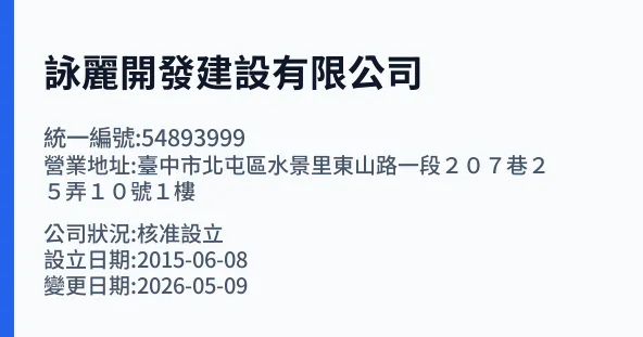 詠麗開發建設有限公司的照片-統編 54893999(臺中市) 公司登記資料與營業項目詳細圖表