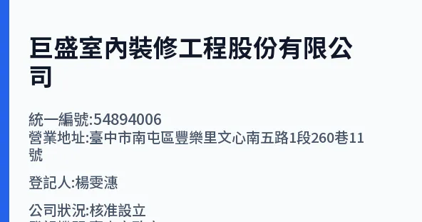 巨盛室內裝修工程股份有限公司的照片-統編 54894006(臺中市) 公司登記資料與營業項目詳細圖表
