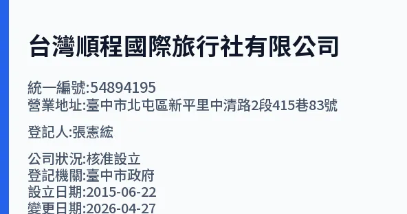 台灣順程國際旅行社有限公司的照片-統編 54894195(臺中市) 公司登記資料與營業項目詳細圖表