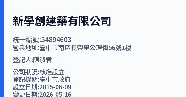 新學創建築有限公司的照片-統編 54894603(臺中市) 公司登記資料與營業項目詳細圖表