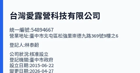台灣愛露營科技有限公司的照片-統編 54894667(臺中市) 公司登記資料與營業項目詳細圖表