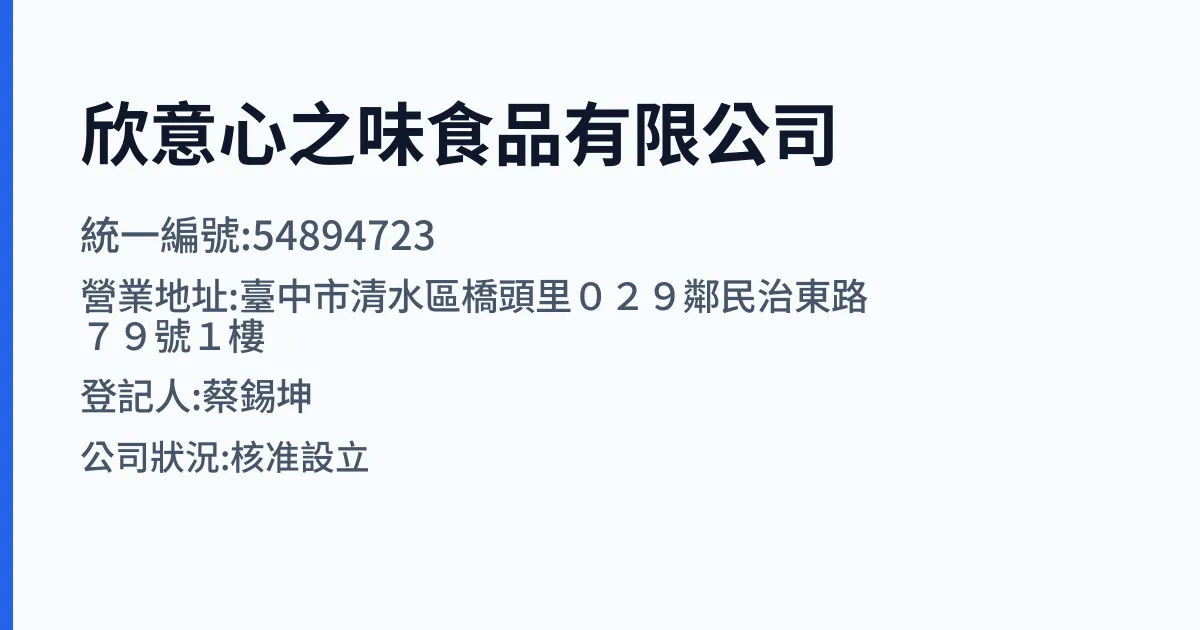 欣意心之味食品有限公司 - 統編 54894723(臺中市) 公司登記資料與營業項目詳細圖表