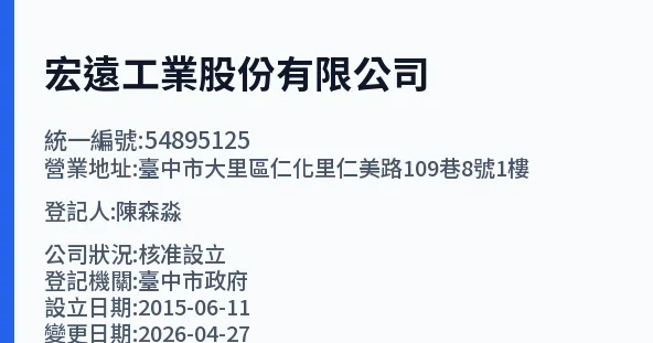 宏遠工業股份有限公司的照片-統編 54895125(臺中市) 公司登記資料與營業項目詳細圖表