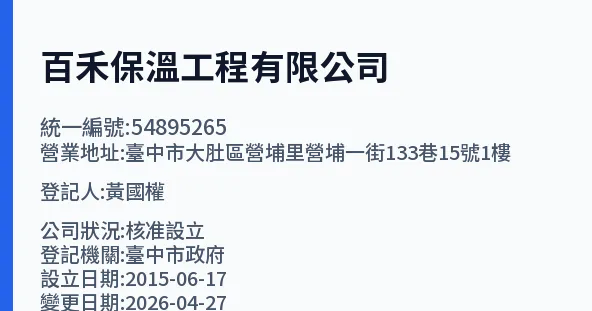 百禾保溫工程有限公司的照片-統編 54895265(臺中市) 公司登記資料與營業項目詳細圖表