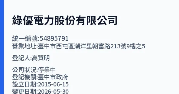 綠優電力股份有限公司的照片-統編 54895791(臺中市) 公司登記資料與營業項目詳細圖表