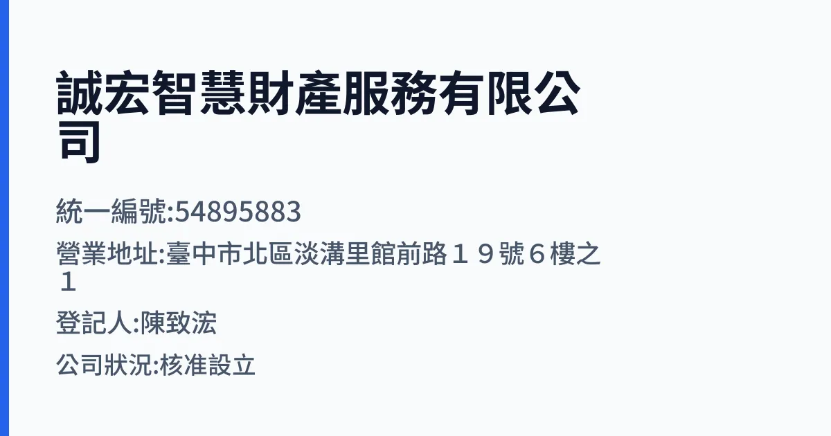 誠宏智慧財產服務有限公司 - 統編 54895883(臺中市) 公司登記資料與營業項目詳細圖表
