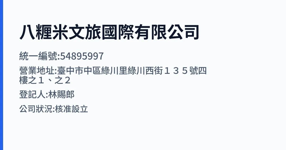 八糎米文旅國際有限公司 - 統編 54895997(臺中市) 公司登記資料與營業項目詳細圖表