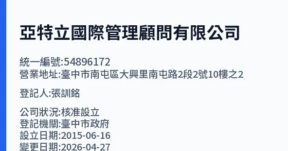 亞特立國際管理顧問有限公司的照片-統編 54896172(臺中市) 公司登記資料與營業項目詳細圖表