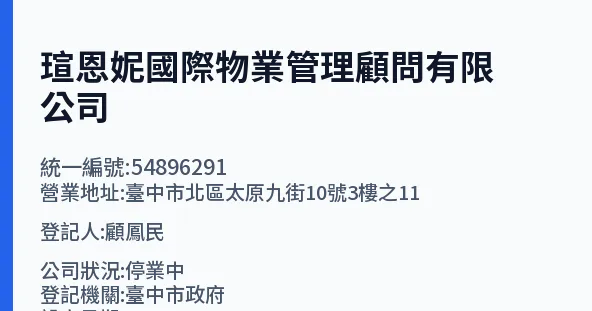 瑄恩妮國際物業管理顧問有限公司的照片-統編 54896291(臺中市) 公司登記資料與營業項目詳細圖表