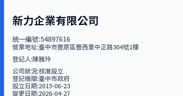 新力企業有限公司的照片-統編 54897616(臺中市) 公司登記資料與營業項目詳細圖表