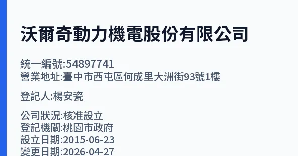 沃爾奇動力機電股份有限公司的照片-統編 54897741(臺中市) 公司登記資料與營業項目詳細圖表