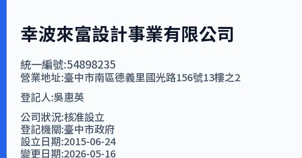 幸波來富設計事業有限公司的照片-統編 54898235(臺中市) 公司登記資料與營業項目詳細圖表
