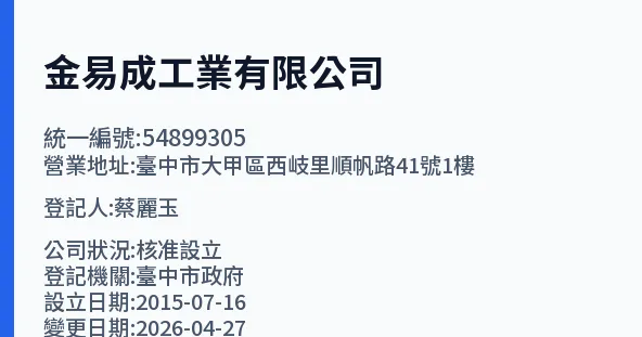 金易成工業有限公司的照片-統編 54899305(臺中市) 公司登記資料與營業項目詳細圖表