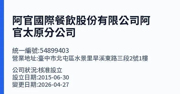 阿官國際餐飲股份有限公司阿官太原分公司的照片-統編 54899403(臺中市) 公司登記資料與營業項目詳細圖表