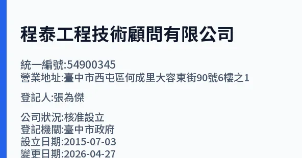 程泰工程技術顧問有限公司的照片-統編 54900345(臺中市) 公司登記資料與營業項目詳細圖表