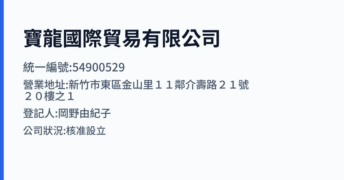 寶龍國際貿易有限公司 - 統編 54900529(臺中市) 公司登記資料與營業項目詳細圖表