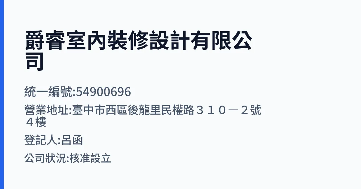 爵睿室內裝修設計有限公司 - 統編 54900696(臺中市) 公司登記資料與營業項目詳細圖表