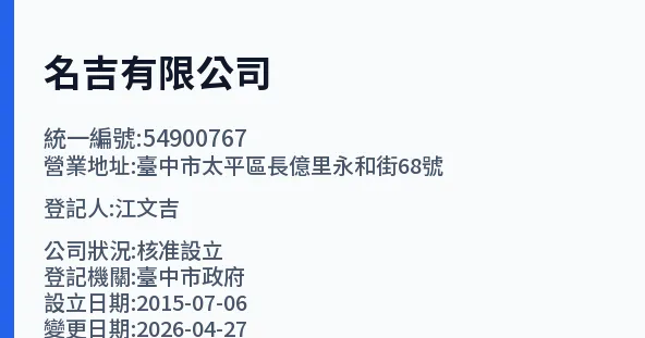 名吉有限公司的照片-統編 54900767(臺中市) 公司登記資料與營業項目詳細圖表