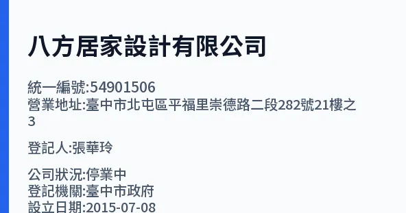 八方居家設計有限公司的照片-統編 54901506(臺中市) 公司登記資料與營業項目詳細圖表