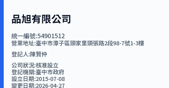 品旭有限公司的照片-統編 54901512(臺中市) 公司登記資料與營業項目詳細圖表