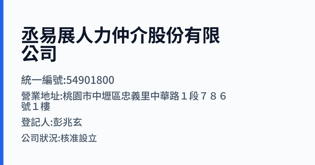 丞易展人力仲介股份有限公司 - 統編 54901800(彰化縣) 公司登記資料與營業項目詳細圖表