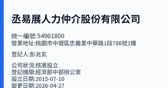丞易展人力仲介股份有限公司的照片-統編 54901800(桃園市) 公司登記資料與營業項目詳細圖表