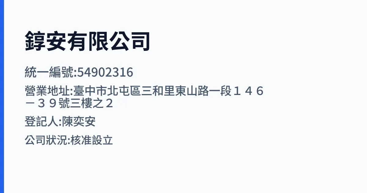 錞安有限公司 - 統編 54902316(臺中市) 公司登記資料與營業項目詳細圖表