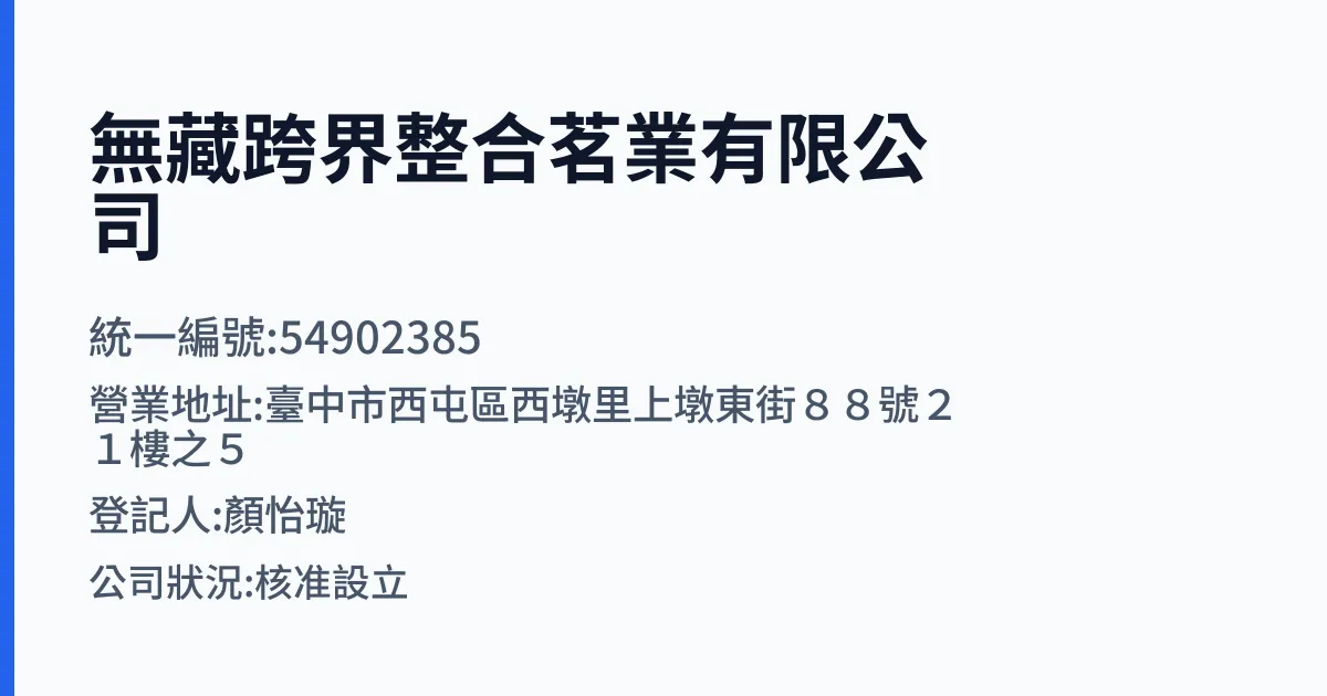 無藏跨界整合茗業有限公司 - 統編 54902385(臺中市) 公司登記資料與營業項目詳細圖表
