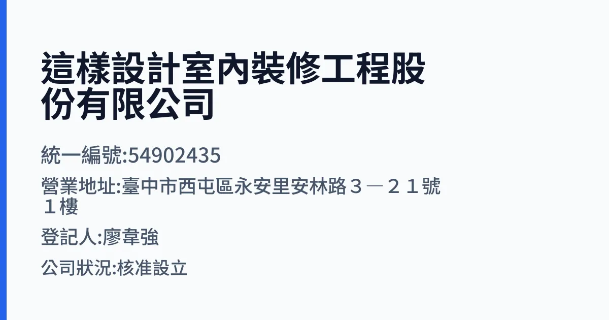 這樣設計室內裝修工程股份有限公司 - 統編 54902435(臺中市) 公司登記資料與營業項目詳細圖表