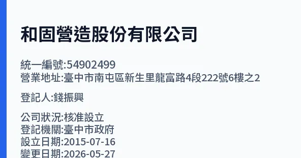 和固營造股份有限公司的照片-統編 54902499(臺中市) 公司登記資料與營業項目詳細圖表