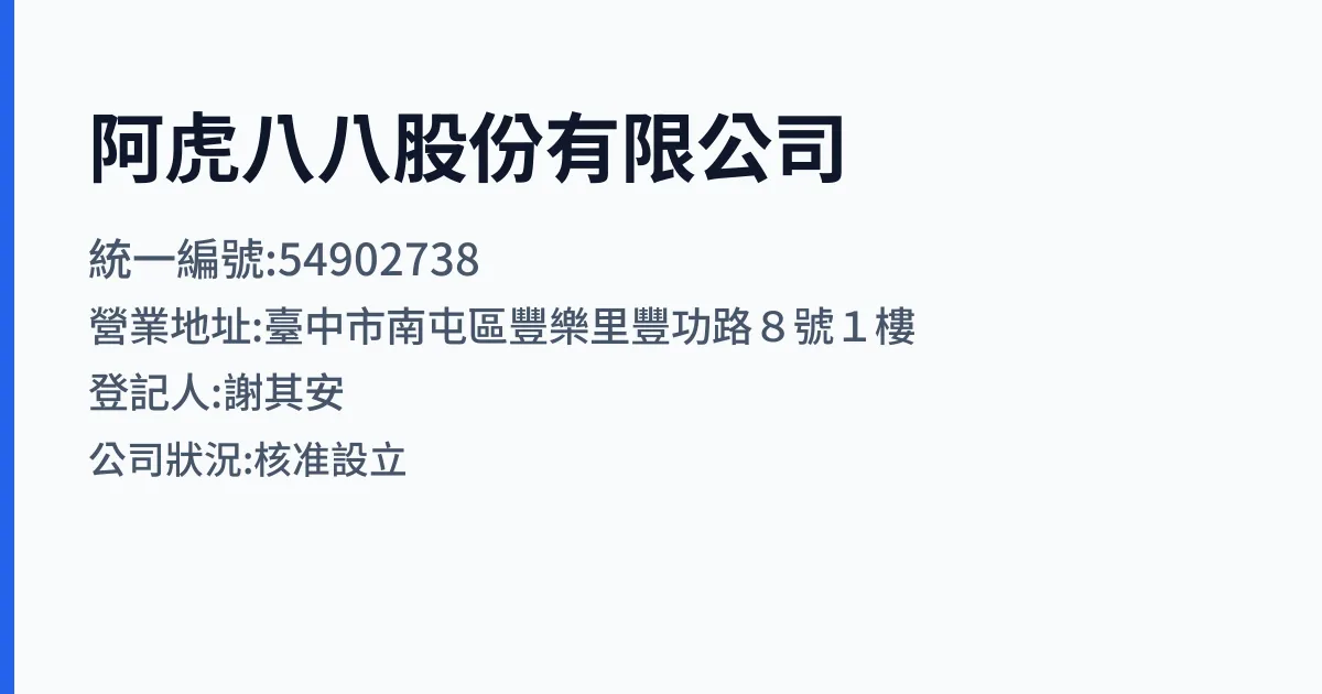 阿虎八八股份有限公司 - 統編 54902738(臺中市) 公司登記資料與營業項目詳細圖表