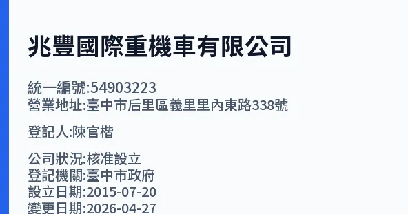 兆豐國際重機車有限公司的照片-統編 54903223(臺中市) 公司登記資料與營業項目詳細圖表