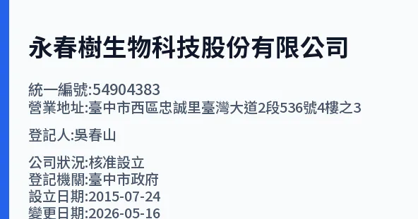 永春樹生物科技股份有限公司的照片-統編 54904383(臺中市) 公司登記資料與營業項目詳細圖表