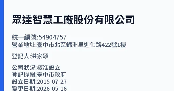 眾達智慧工廠股份有限公司的照片-統編 54904757(臺中市) 公司登記資料與營業項目詳細圖表