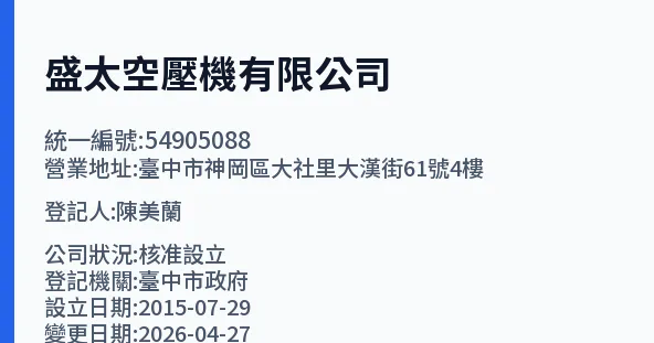 盛太空壓機有限公司的照片-統編 54905088(臺中市) 公司登記資料與營業項目詳細圖表