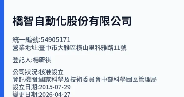 橋智自動化股份有限公司的照片-統編 54905171(臺中市) 公司登記資料與營業項目詳細圖表