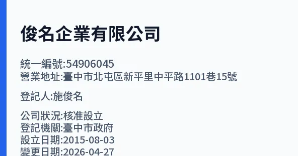 俊名企業有限公司的照片-統編 54906045(臺中市) 公司登記資料與營業項目詳細圖表